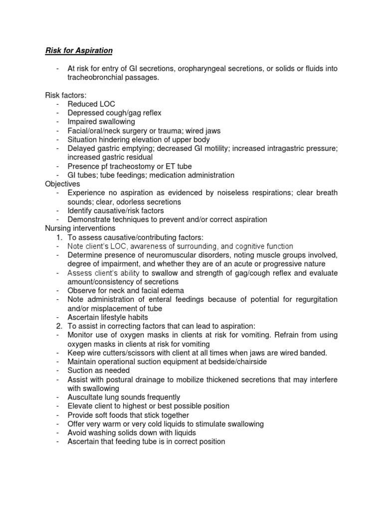 Risk For Aspiration | PDF | Breathing | Nutrition