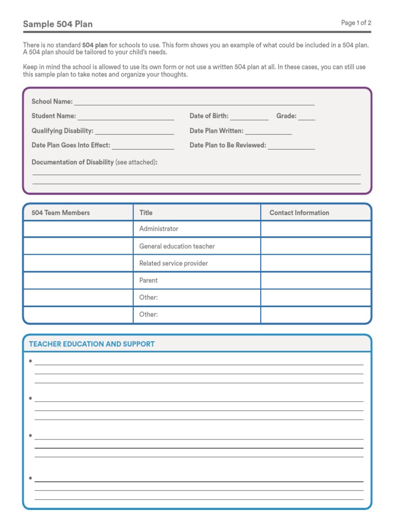 Sample 504 Plan: Teacher Education and Support | PDF