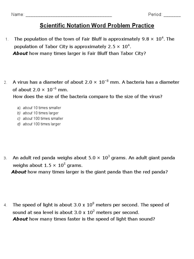 Scientific Notation Word Problems GC Practice | PDF