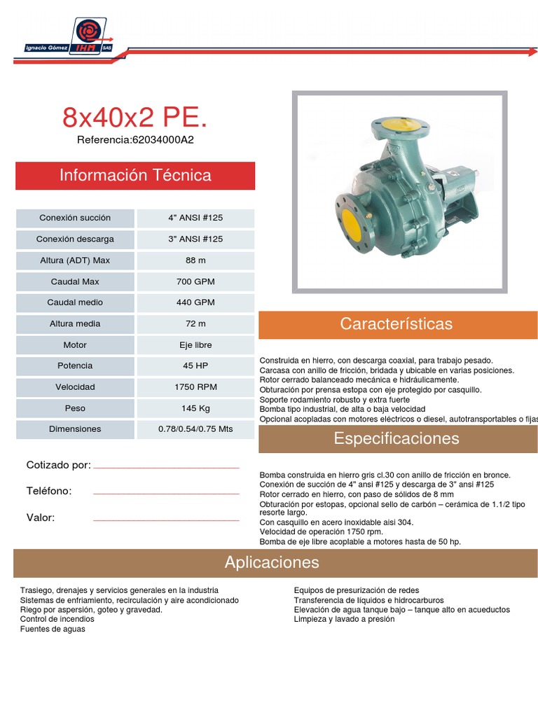 Ficha Tecnica 62034000A2 | Descargar gratis PDF | Bomba | Science