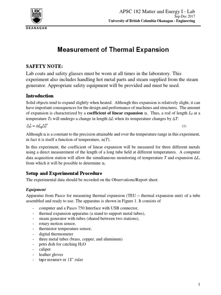 APSC 182 Lab 2 - Thermal Expansion, Sep 2017 | PDF | Thermal Expansion ...
