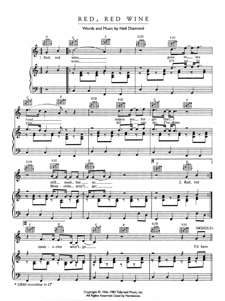 Red Red Wine Sheet Music | Performing Arts | Musical Compositions