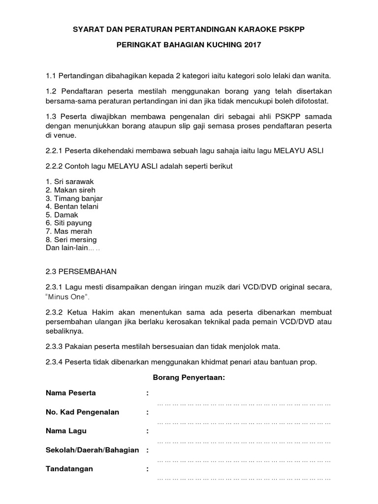 Syarat Dan Peraturan Pertandingan Karaoke PSKPP Peringkat Daerah | PDF ...