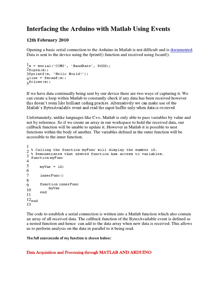 Interfacing The Arduino With Matlab Using | PDF | Matlab | Arduino