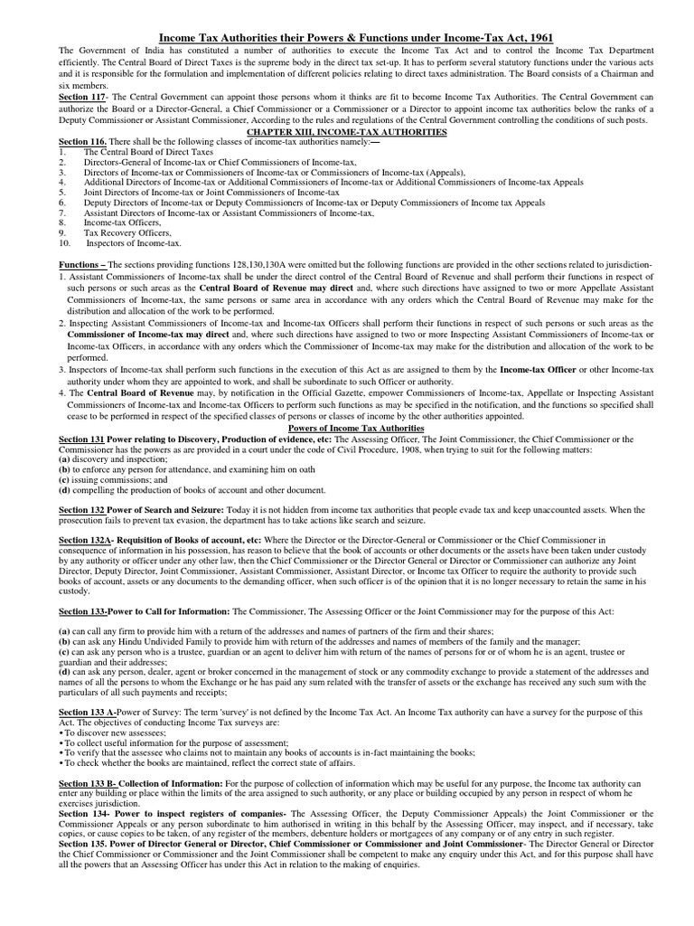 Income Tax Authorities: Powers & Functions | PDF | Government Of India ...