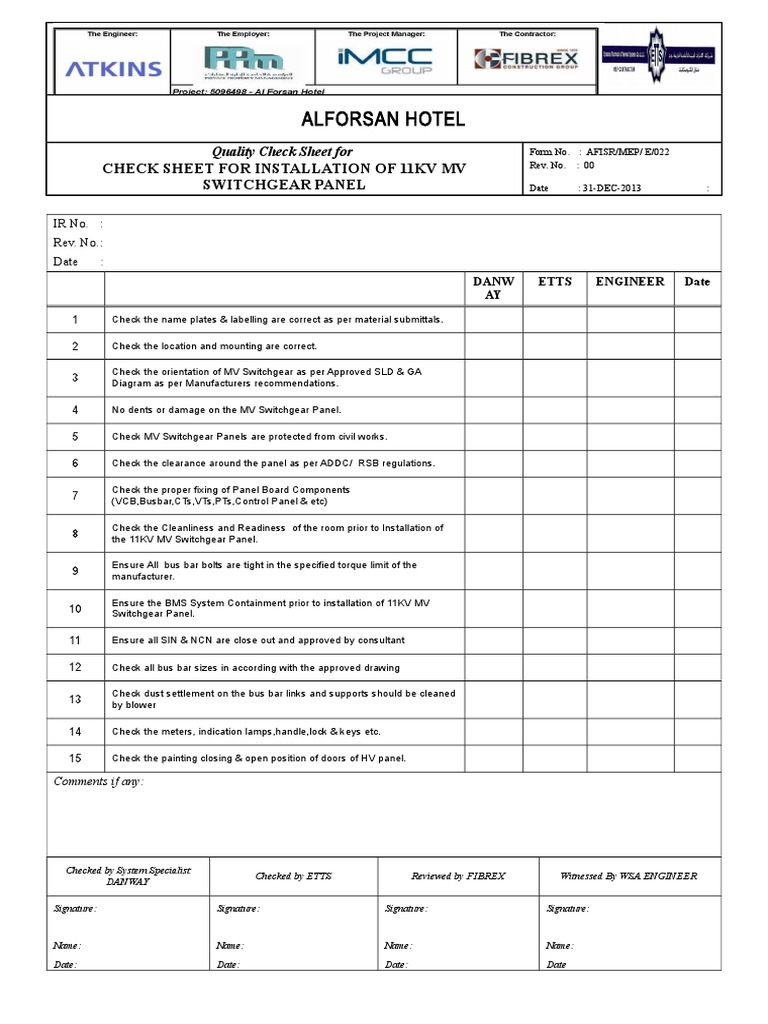 11KV MV Switchgear Installation Checklist | PDF | Manufactured Goods