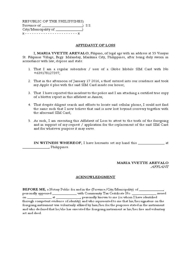Affidavit of Loss for SIM Card Replacement | PDF | Affidavit | Notary ...