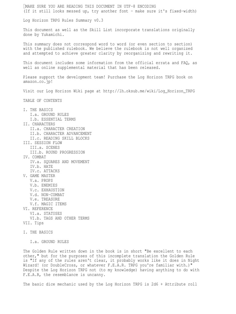 Log Horizon TRPG Rules Summary v0 3 | PDF | Role Playing Games | Gaming