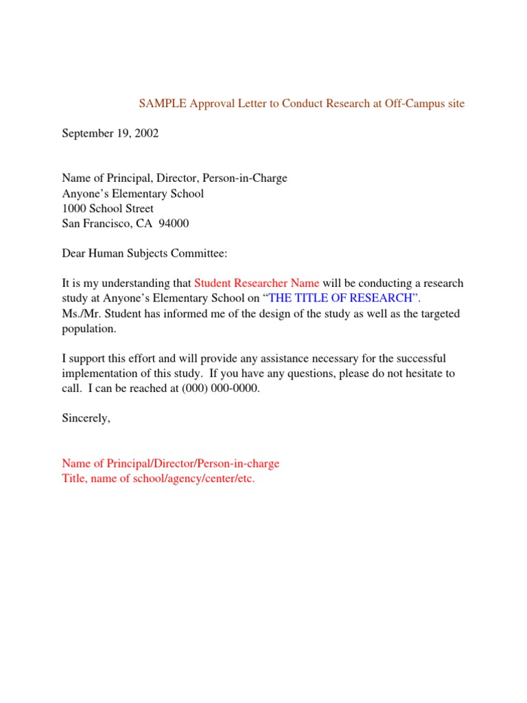 SAMPLE Approval Letter To Conduct Research at Off Campus Site | PDF