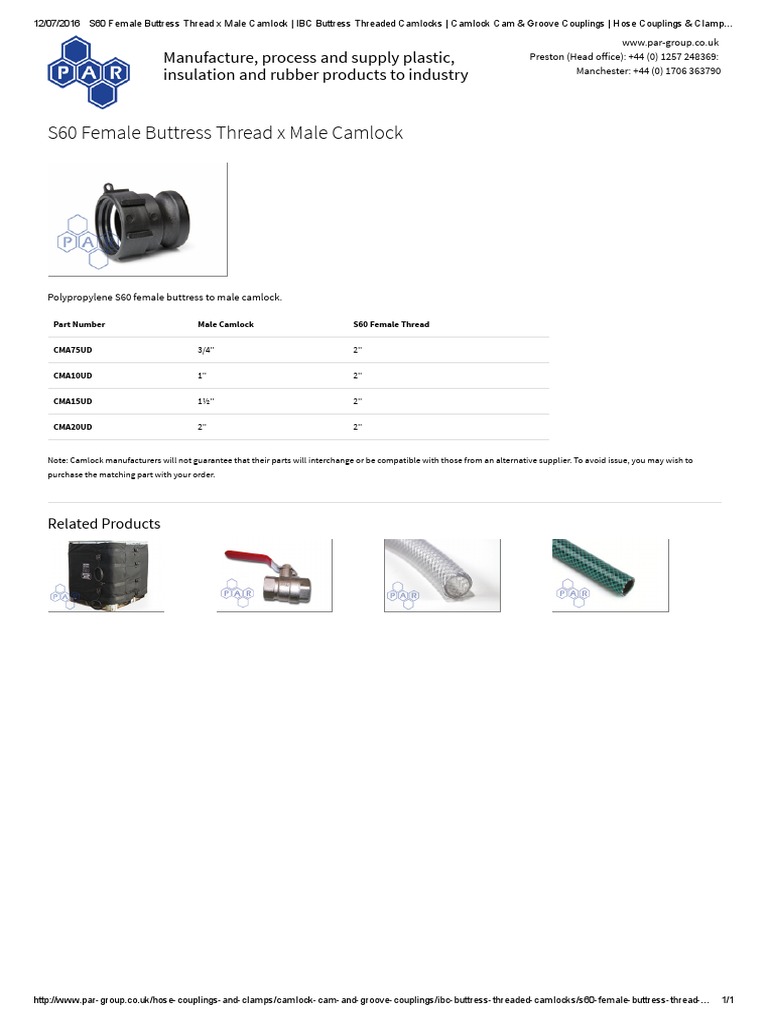 S60 Female Buttress Thread X Male Camlock - IBC Buttress Threaded ...