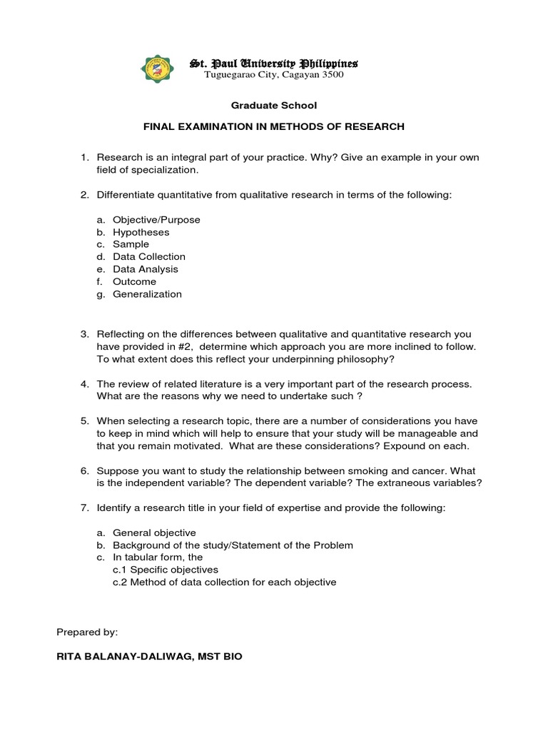 Final Exam in Methods of Research | PDF | Career & Growth | Business