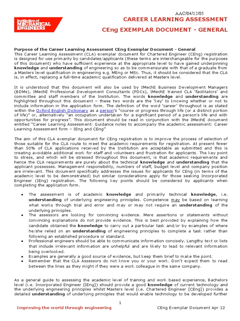 CLA CEng Exemplar | PDF | Engineering | Knowledge