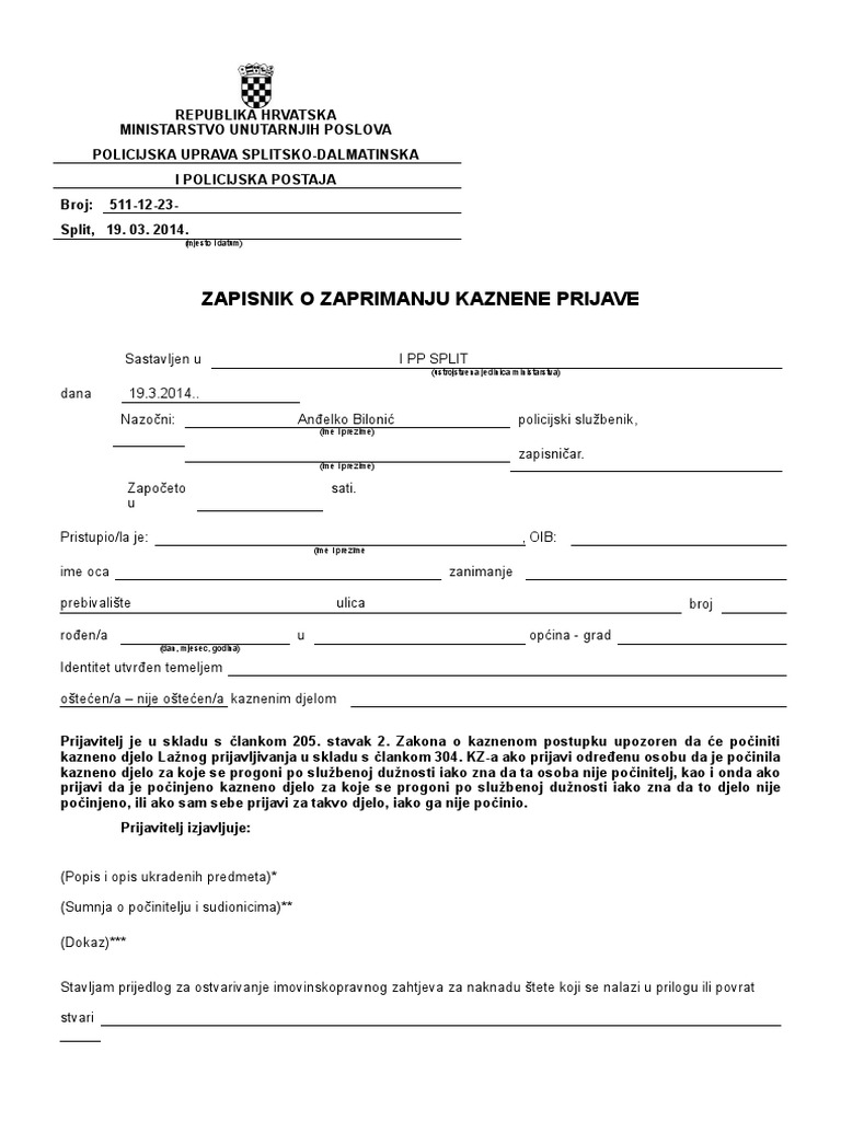 D31 Zapisnik o Zaprimanju Kaznene Prijave VČ | PDF