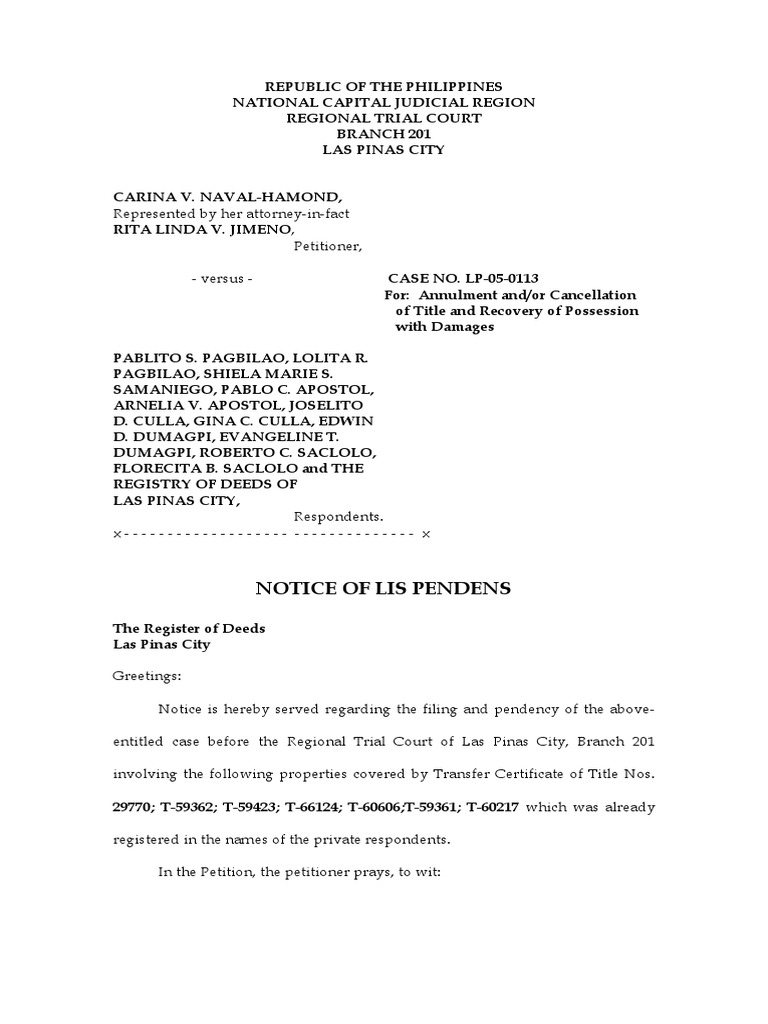Notice of Lis Pendens_Sample | Social Institutions | Society