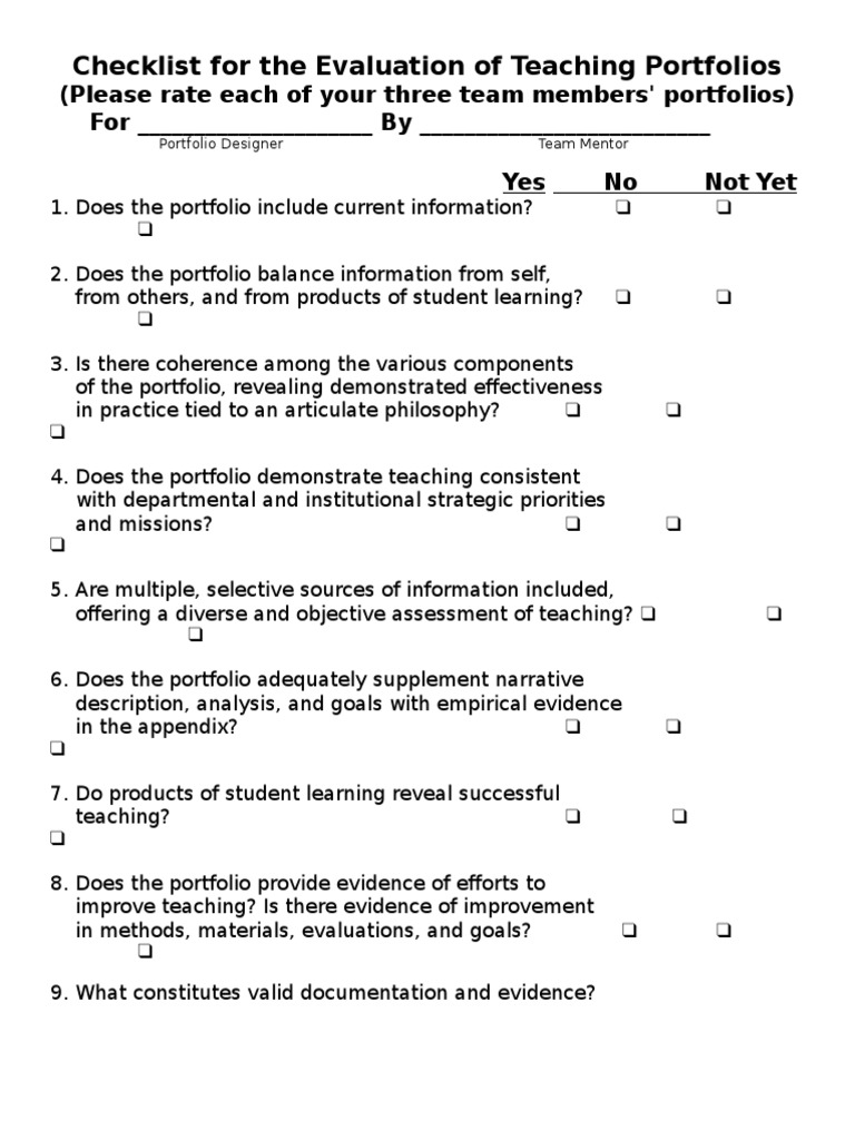 Checklist For The Evaluation of Teaching Portfolios | PDF