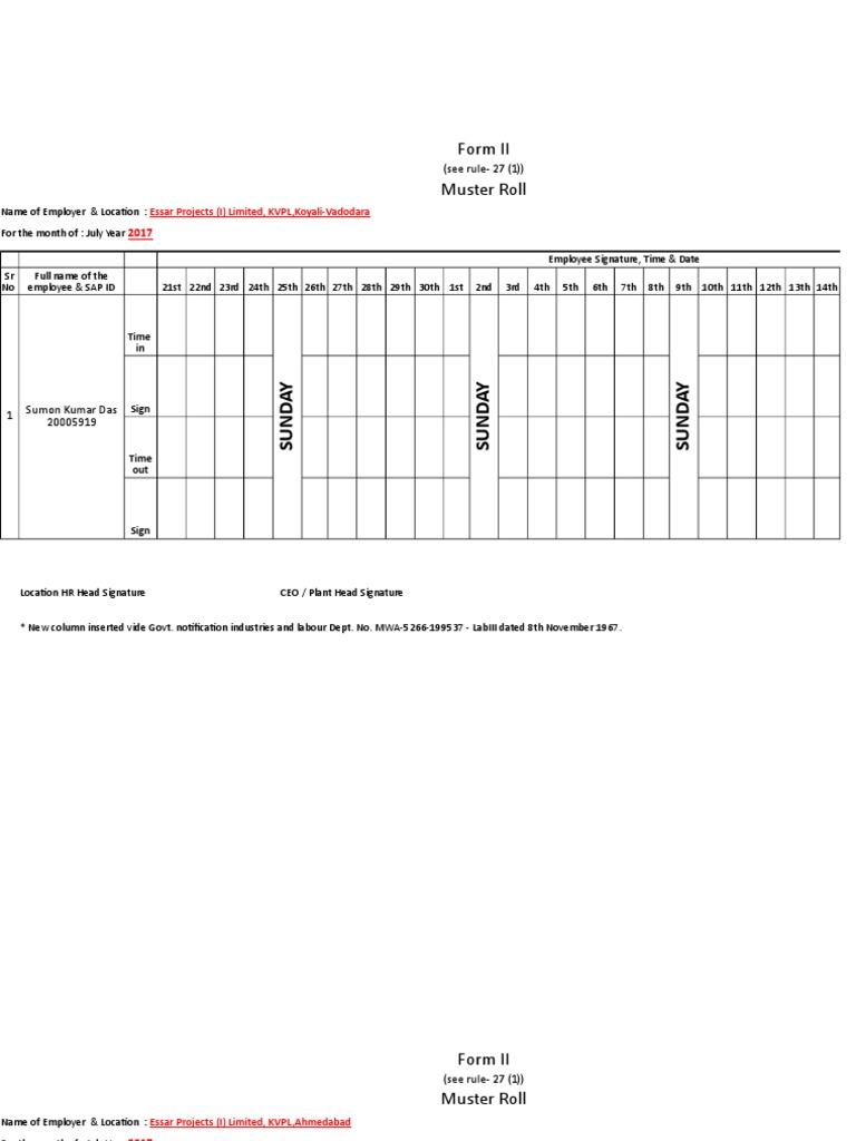 Muster Roll Format for Employee Wages | PDF | Warfare Of The Industrial ...
