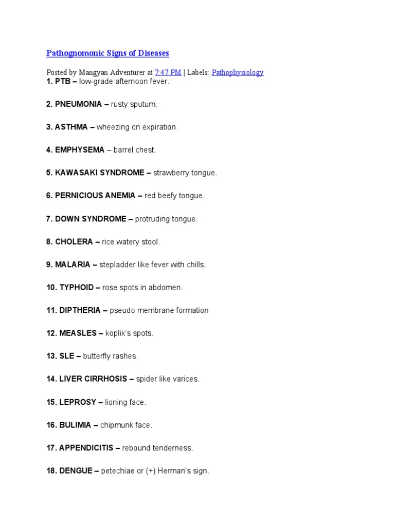 Pathognomonic Signs of Diseases | PDF