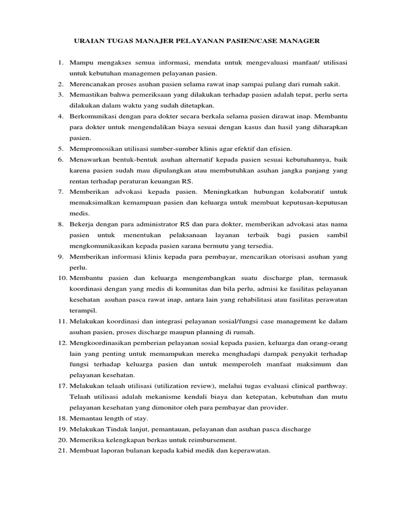 Uraian Tentang Fungsi Manajer Pelayanan Pasien | PDF