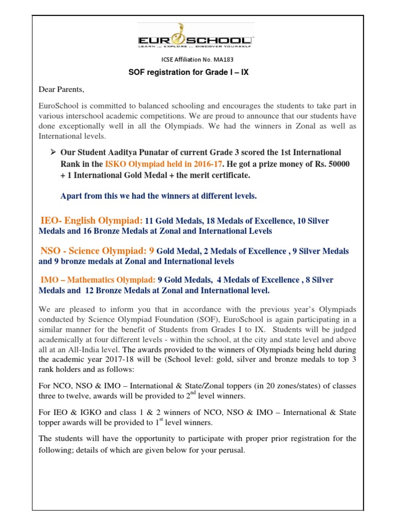 Circular For SOF Olympaid Grade 1 To 9 2017-18-614886951484395520SD - PDF | Download Free PDF ...