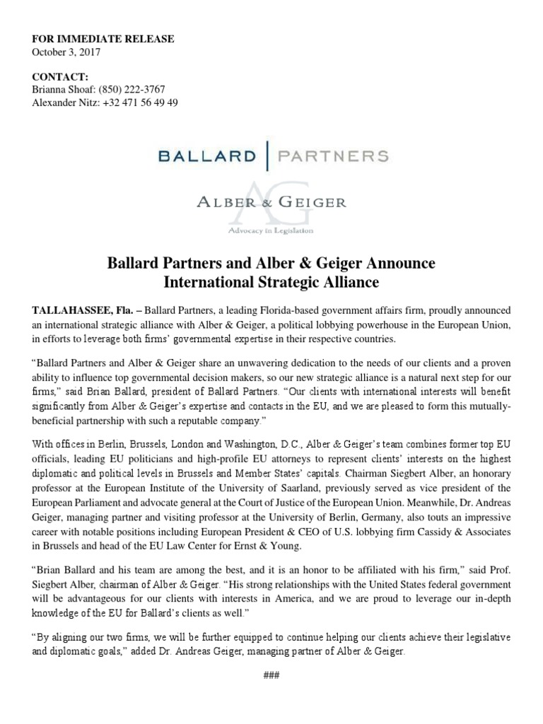 Ballard Partners and Alber & Geiger Announce International Strategic ...