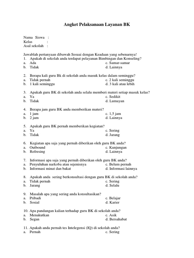 Angket Pelaksanaan Layanan BK | PDF | Kesehatan Holistik