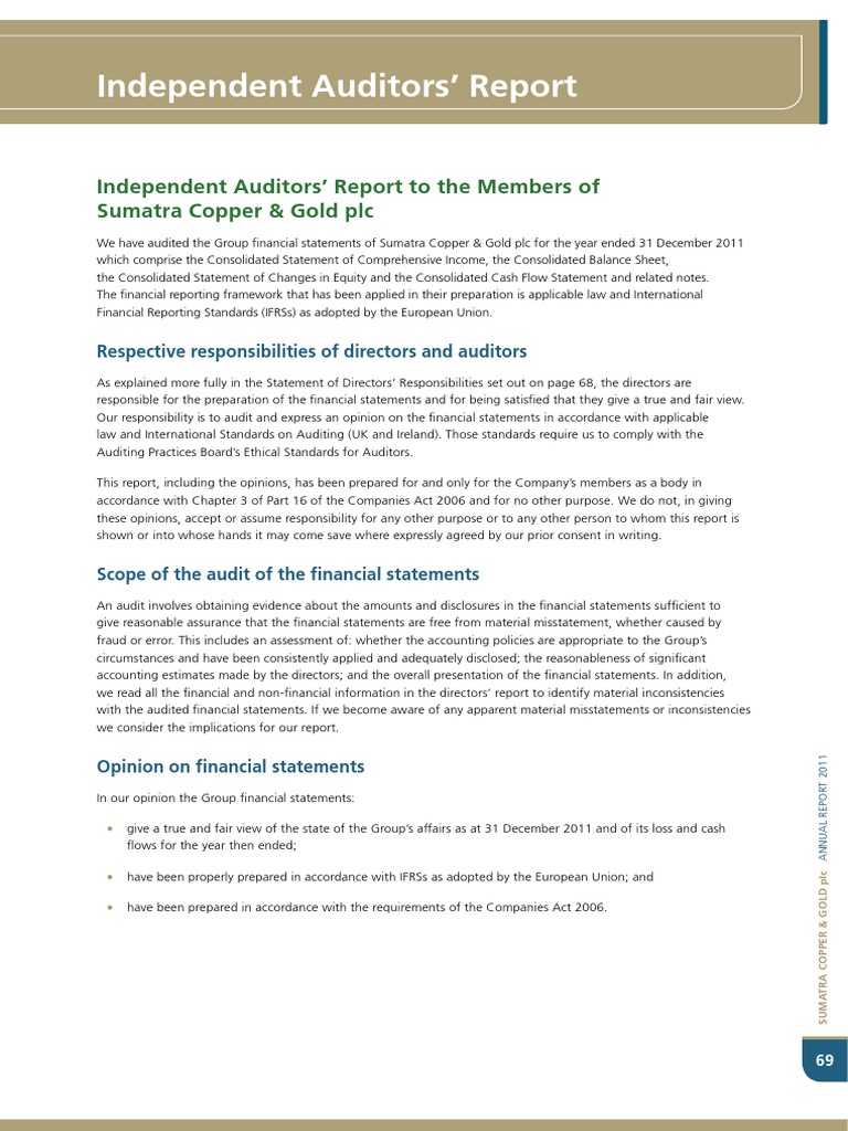 Independent Auditors' Report To The Members of Sumatra Copper & Gold ...