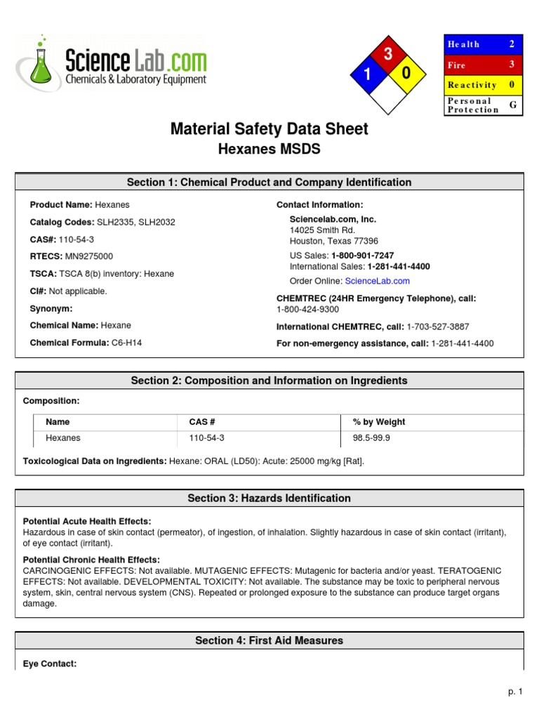Hexanes MSDS: Safety and Handling Guide | PDF | Toxicity | Water