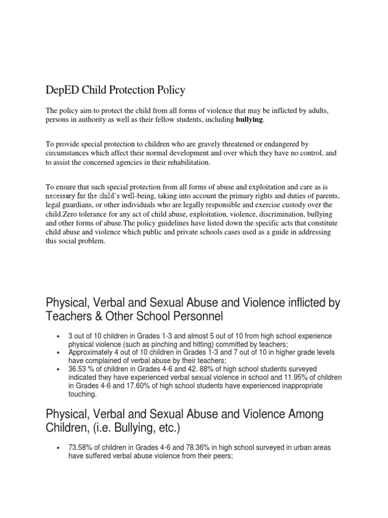 DepEd Child Protection Policy Summary | PDF | Violence | Child Abuse