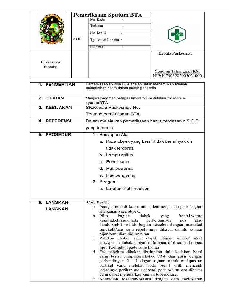 Sop Pemeriksaan Sputum Bta | PDF