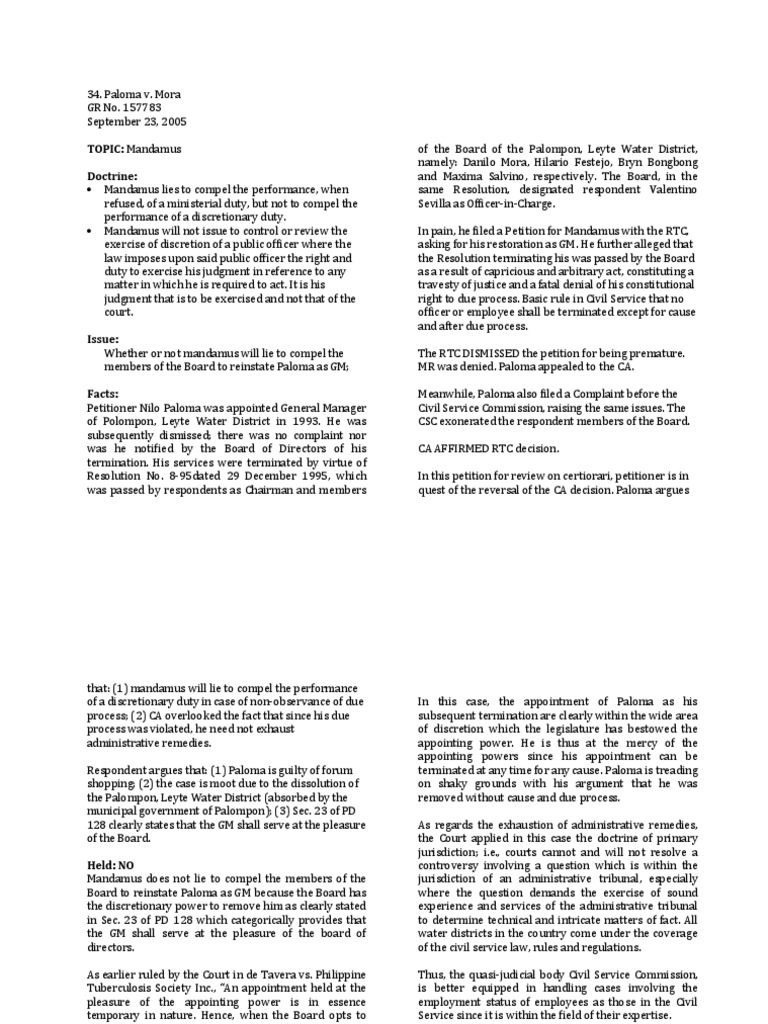 Paloma v. Mora Case | PDF | Mandamus | Board Of Directors