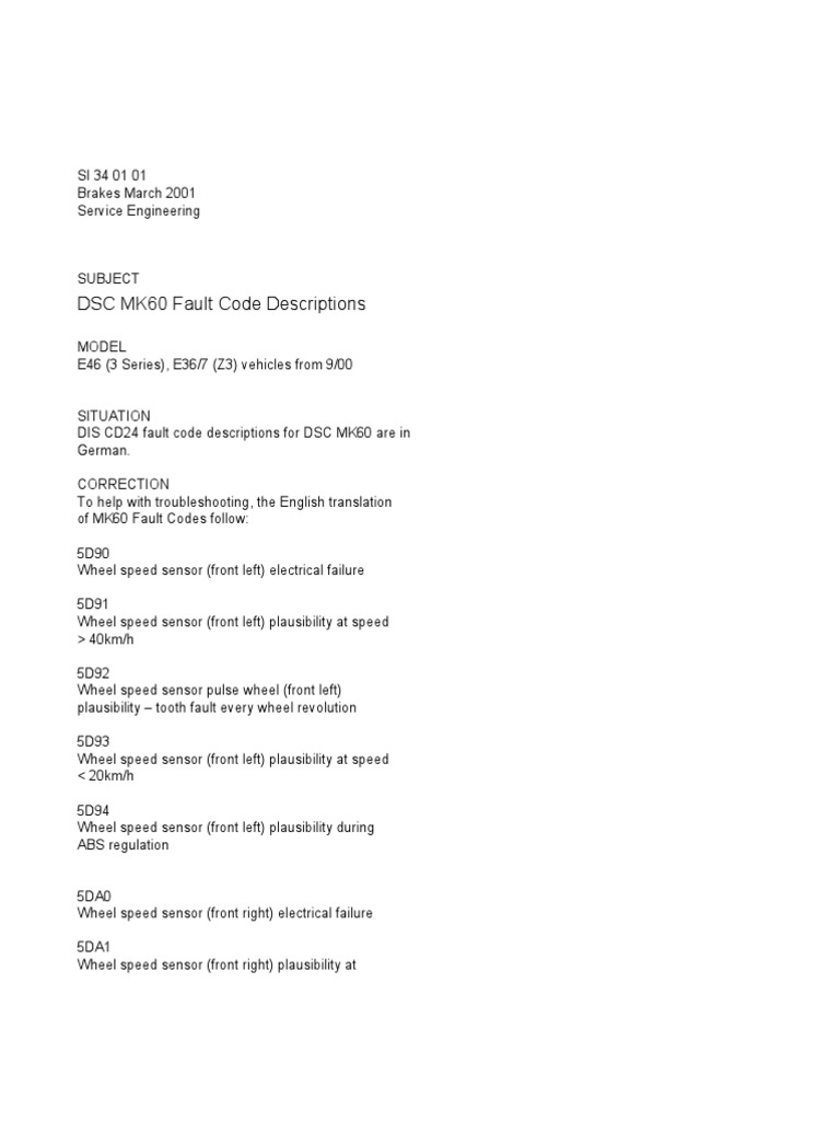 BMW DSC Code Chart | PDF | Anti Lock Braking System | Vehicles