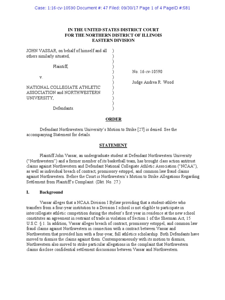 Northwestern Motion To Strike Order | Download Free PDF | Settlement ...