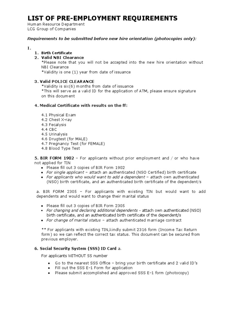 2017 - List of Pre-Employment Requirements | PDF | Birth Certificate ...