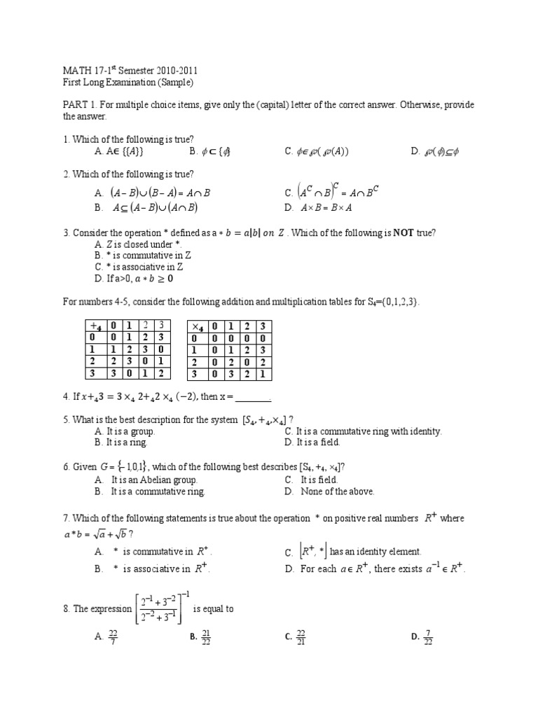 Sample First Long Exam - Math17 - 2010-2011 | PDF | Ring (Mathematics ...
