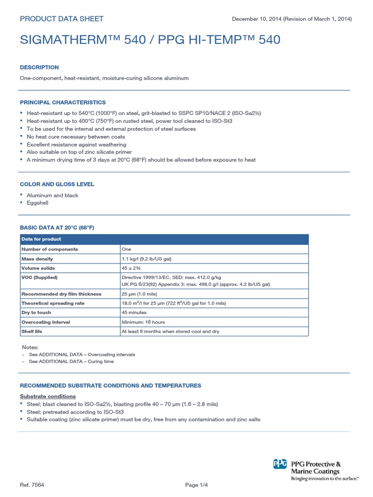 Sigmatherm™ 540 / PPG Hi-Temp™ 540: Product Data Sheet | PDF | Paint | Tort