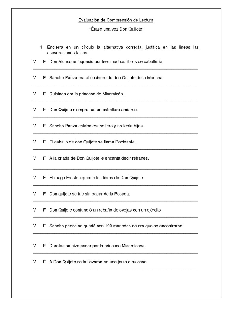 Prueba de comprensión: Don Quijote | PDF | Don Quijote | Personas