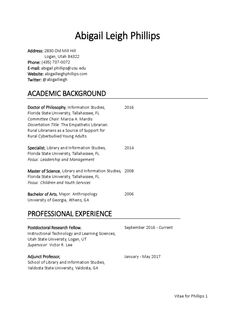Abigail Phillips CV | PDF | Graduate School | Library Science