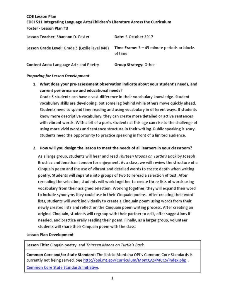 Foster LP#3. Thirteen Moons On Turtle's Back | PDF | Poetry | Lesson Plan