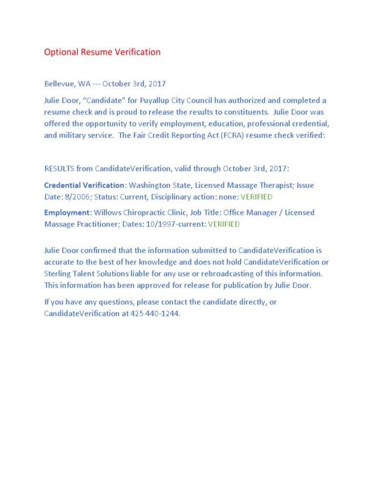 Julie Door Resume Verification Results | PDF
