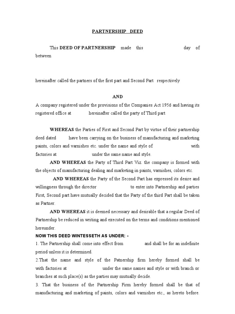 Partnership Deed | Partnership | Business Law
