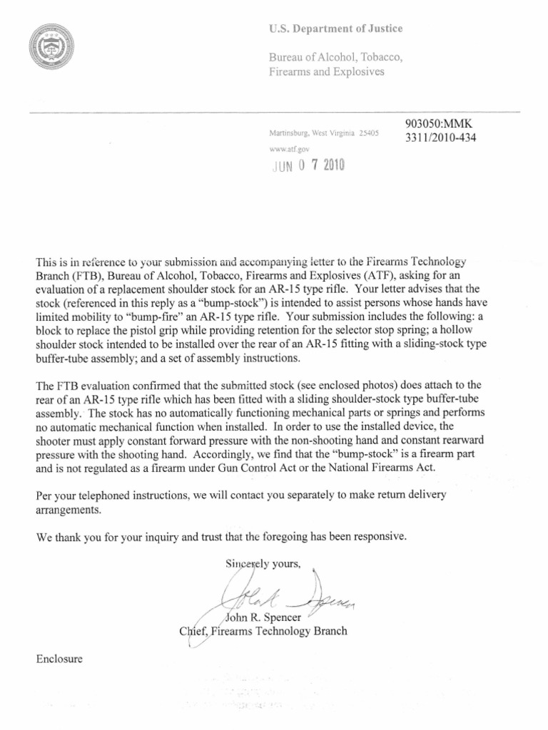 Slide Fire ATF Determination Letter 2010 ~ NOT an Automatic Weapon