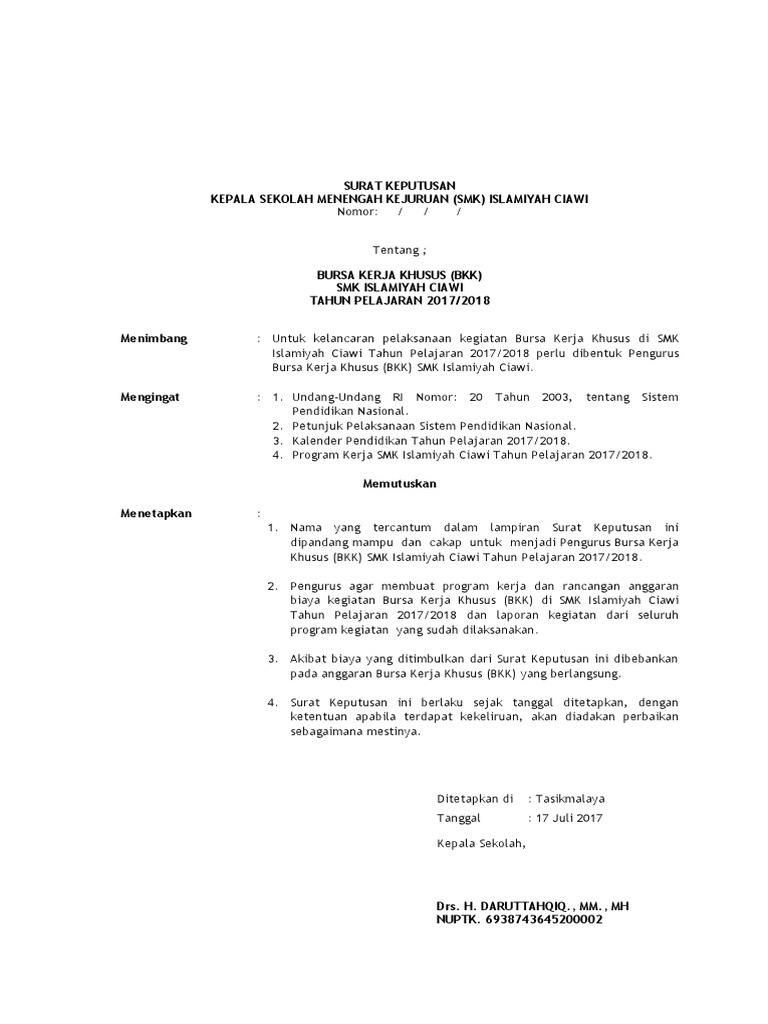 SK Pengurus BKK SMK Islamiyah Ciawi | PDF