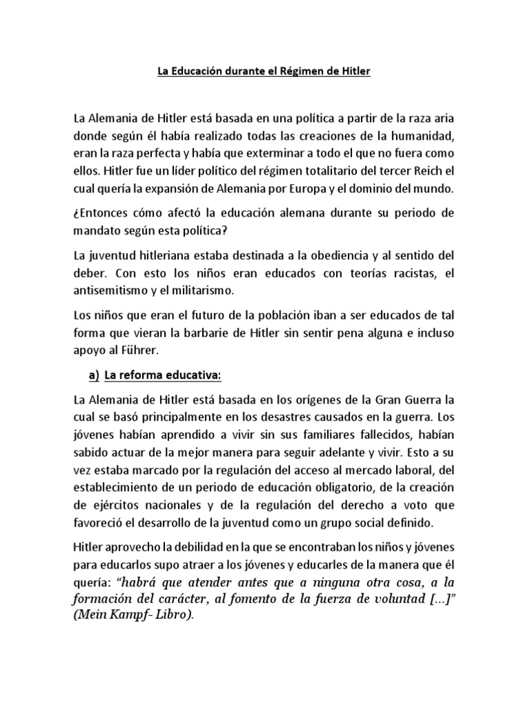 La Educación Durante El Régimen de Hitler | PDF | Alemania nazi | nazismo
