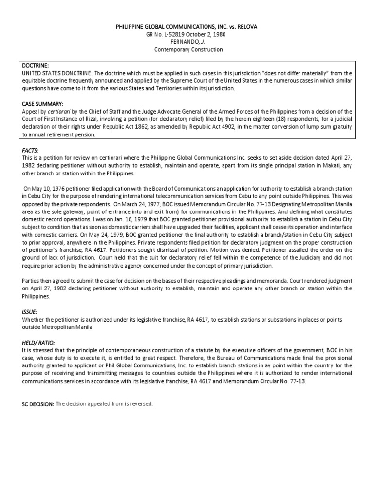 Philippine Global Communications, InC. Vs Relova | PDF | Certiorari ...