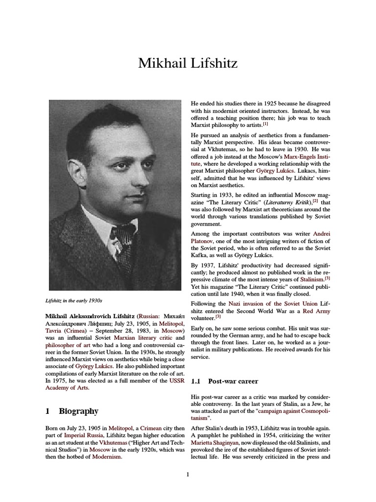 Mikhail Lifshitz: 1 Biography | PDF | Philosophical Traditions | Soviet ...
