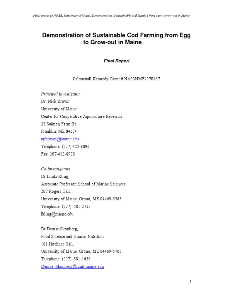 Demonstration of Sustainable Cod Farming From Egg To Grow-Out in Maine ...