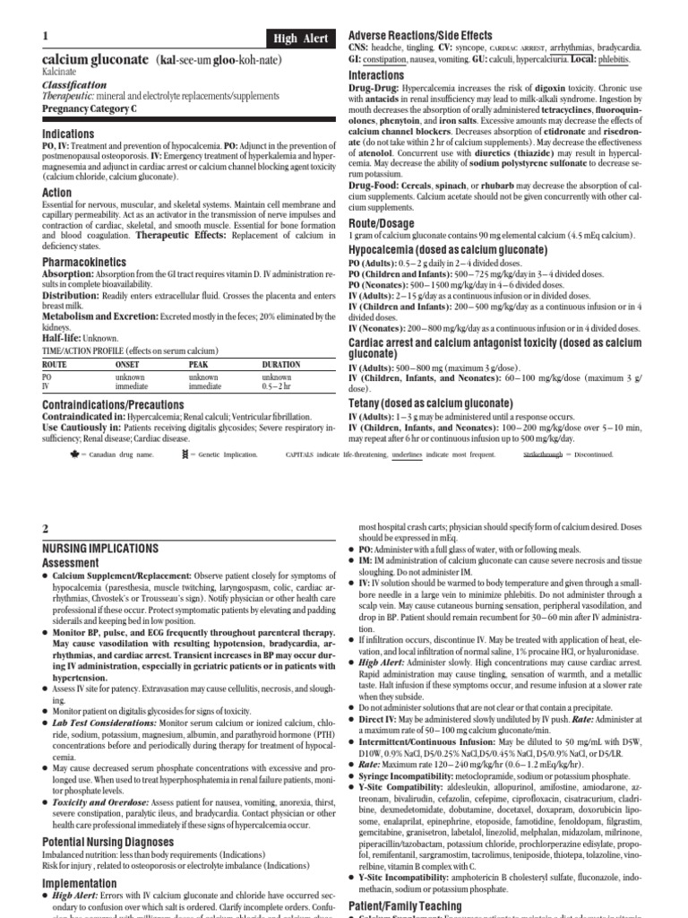 Calcium Gluconate: (Kal-See-Um Gloo-Koh-Nate) | PDF | Magnesium | Dose ...