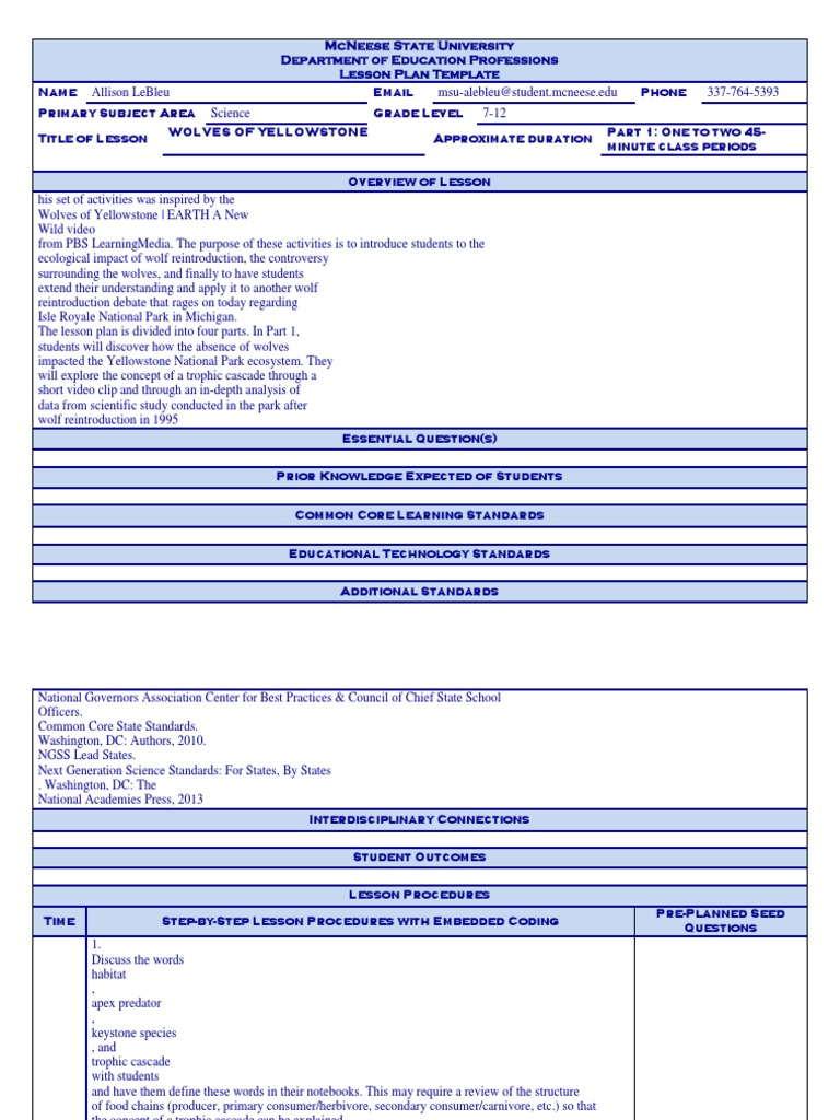 Lesson Plan Template-1al | PDF | Gray Wolf | Food Web
