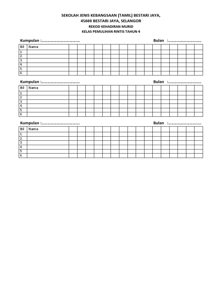 contoh jadual kedatangan murid - Emma Ogden