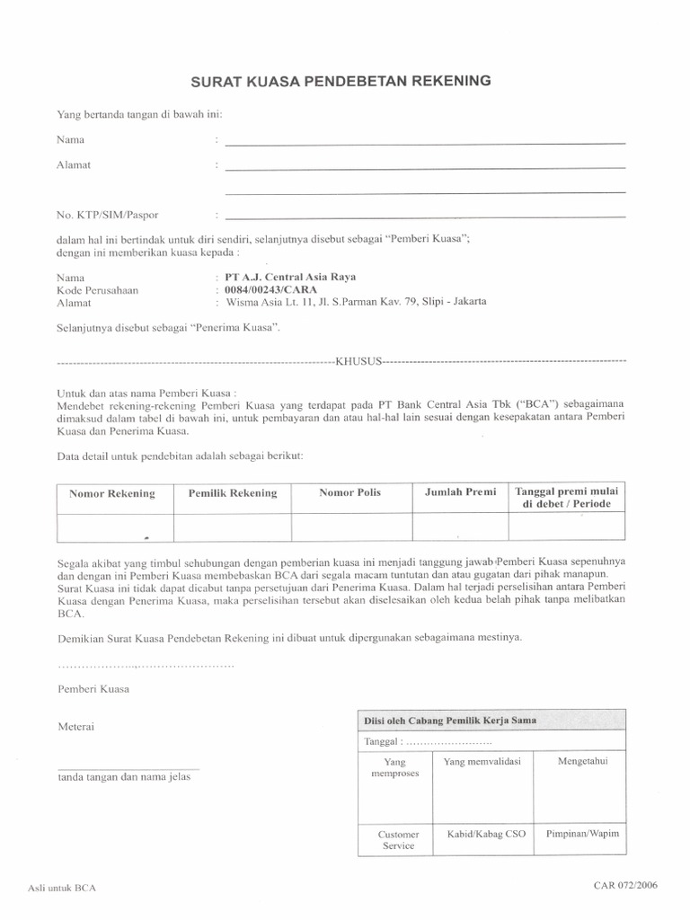 Auto Debet Bca Form | PDF